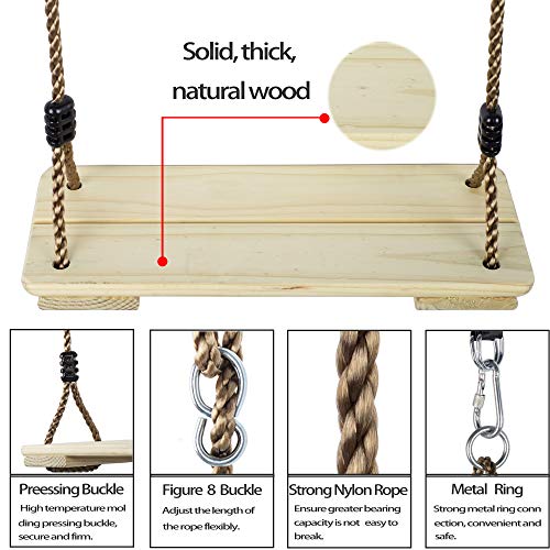 Wooden Swing Seat, NOSTIFY Nostalgic Outdoor Wood Swing for Kids, Tree Swing for Adults, Connecting Straps Swing Set Accessories for Backyard Patio Garden Playground, Height Adjustable (Wood-1)