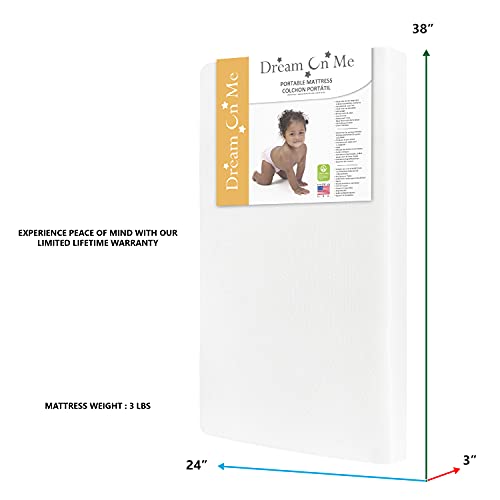 Dream On Me 2-in-1 Breathable Two-Sided 3" Portable Mini Crib Mattress, Greenguard Gold Certified, Vinyl and Breathable Fabric, White