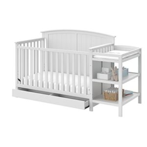 storkcraft steveston 5-in-1 convertible crib and changer with drawer (white) – greenguard gold certified, crib and changing table combo with drawer, converts to toddler bed, daybed and full-size bed