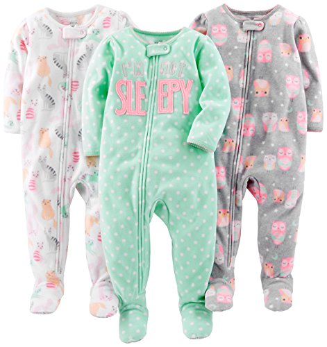 Simple Joys by Carter's Baby Girls' Loose-Fit Flame Resistant Fleece Footed Pajamas, Pack of 3, Owl/Cat/Dots, 18 Months