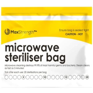 premium microwave sterilizer bags (20pcs) by max strength, large & durable steam bags for baby bottles, soothers, teethers & training cups, 20 uses per bag & marking system