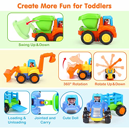 ORWINE Inertia Toy Early Educational Toddler Baby Toy Friction Powered Cars Push and Go Cars Tractor Bulldozer Dumper Cement Mixer Engineering Vehicles Toys for Children Boys Girls Kids Gift 4PCS