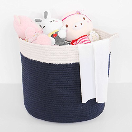 uxcell Home Accessories Cotton Rope Storage Basket with Handles Collapsible Storage Organizer for Closet Shelves Bedroom Office,Laundry Hamper Basket Navy Blue 15" x 13.8"