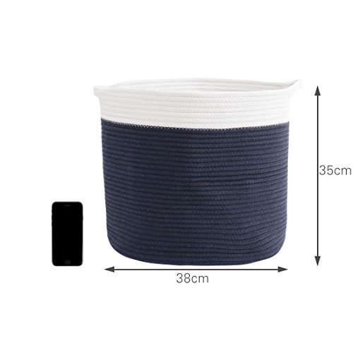 uxcell Home Accessories Cotton Rope Storage Basket with Handles Collapsible Storage Organizer for Closet Shelves Bedroom Office,Laundry Hamper Basket Navy Blue 15" x 13.8"