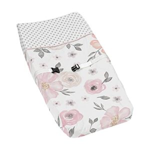 blush pink, grey and white changing pad cover for watercolor floral collection by sweet jojo designs