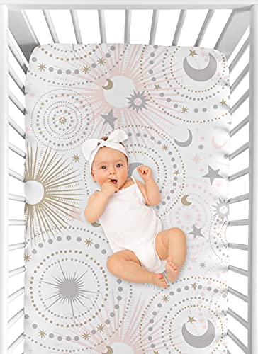 Blush Pink, Gold, Grey and White Star and Moon Baby or Toddler Fitted Crib Sheet for Celestial Collection by Sweet Jojo Designs