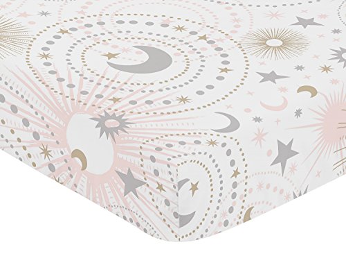 Blush Pink, Gold, Grey and White Star and Moon Baby or Toddler Fitted Crib Sheet for Celestial Collection by Sweet Jojo Designs