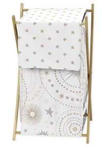 blush pink, gold, grey and white star and moon baby kid clothes laundry hamper for celestial collection by sweet jojo designs