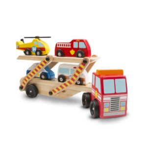 melissa & doug wooden emergency vehicle carrier truck with 1 truck and 4 rescue vehicles