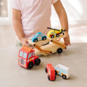 Melissa & Doug Wooden Emergency Vehicle Carrier Truck With 1 Truck and 4 Rescue Vehicles