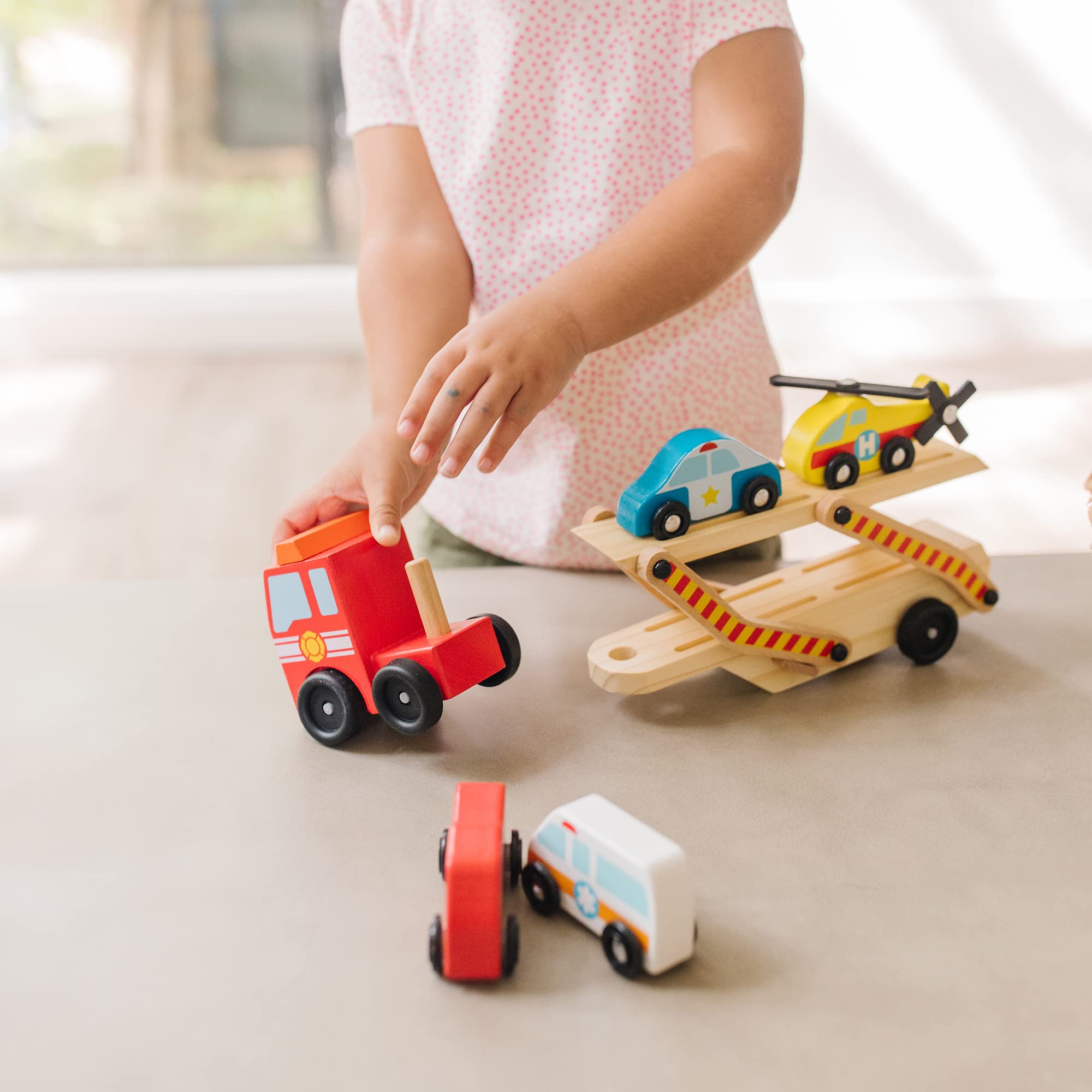 Melissa & Doug Wooden Emergency Vehicle Carrier Truck With 1 Truck and 4 Rescue Vehicles