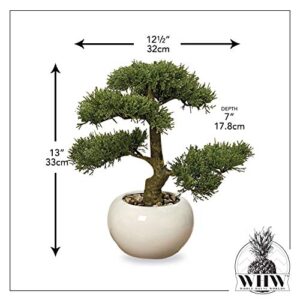 Realistic Faux Cedar Bonsai Tree, Houseplant, White Round Pot, Pebbles, Padded Bottom, Over 1 Ft Tall, (H33cm)