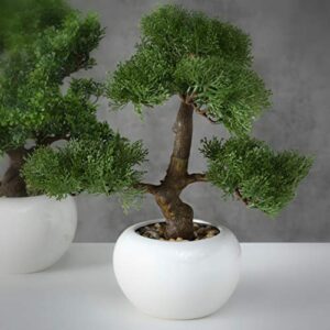 Realistic Faux Cedar Bonsai Tree, Houseplant, White Round Pot, Pebbles, Padded Bottom, Over 1 Ft Tall, (H33cm)