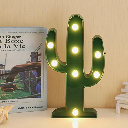 Novelty Place Cactus Marquee Sign Lights, Warm White LED Lamp Tropical Green - Living Room, Bedroom Table & Wall Christmas Decoration for Kids & Adults - Battery Powered 10 Inches High