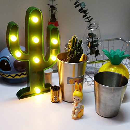 Novelty Place Cactus Marquee Sign Lights, Warm White LED Lamp Tropical Green - Living Room, Bedroom Table & Wall Christmas Decoration for Kids & Adults - Battery Powered 10 Inches High