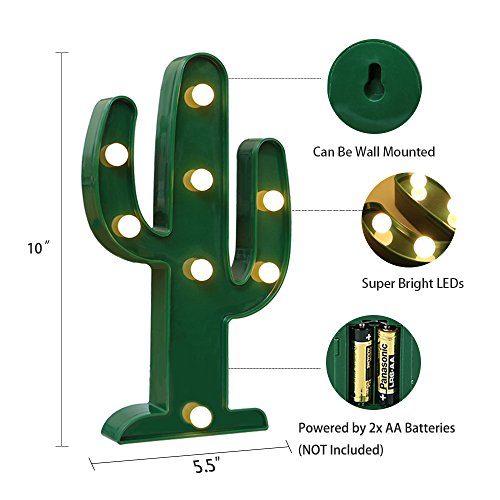 Novelty Place Cactus Marquee Sign Lights, Warm White LED Lamp Tropical Green - Living Room, Bedroom Table & Wall Christmas Decoration for Kids & Adults - Battery Powered 10 Inches High