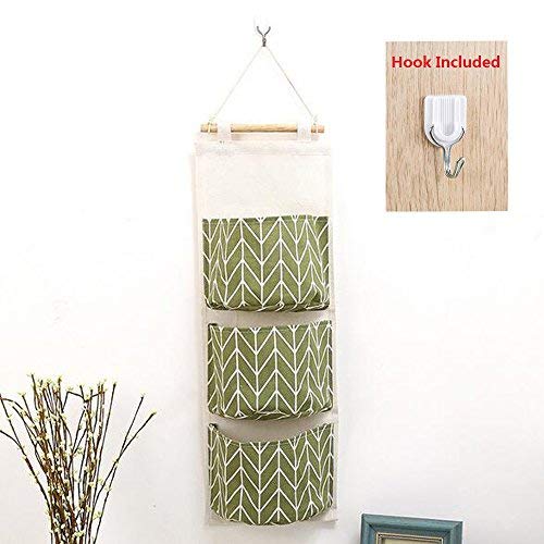 Over The Door Organizer, Linen Farbric Wall Closet Storage Bag with 3 Pockets for Bedroom, Bathroom (Green)