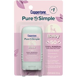 coppertone pure and simple baby sunscreen stick spf 50, zinc oxide mineral sunscreen for babies, tear free, water resistant, broad spectrum spf 50 sunscreen, 0.49 oz stick