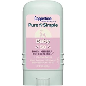 Coppertone Pure and Simple Baby Sunscreen Stick SPF 50, Zinc Oxide Mineral Sunscreen for Babies, Tear Free, Water Resistant, Broad Spectrum SPF 50 Sunscreen, 0.49 Oz Stick