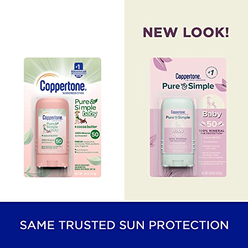 Coppertone Pure and Simple Baby Sunscreen Stick SPF 50, Zinc Oxide Mineral Sunscreen for Babies, Tear Free, Water Resistant, Broad Spectrum SPF 50 Sunscreen, 0.49 Oz Stick