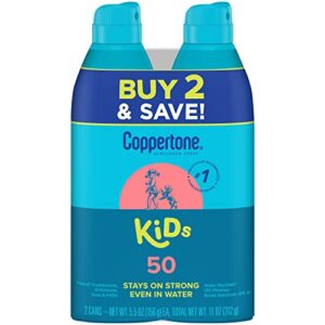 coppertone kids sunscreen spray spf 50, water resistant spray sunscreen for kids, #1 pediatrician recommended sunscreen brand, broad spectrum spf 50 sunscreen pack, 5.5 ounce (pack of 2)