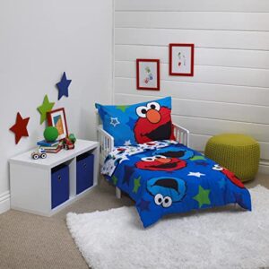 sesame street awesome buds elmo/cookie monster 4 piece toddler bed set, blue/red/green, 4 piece set