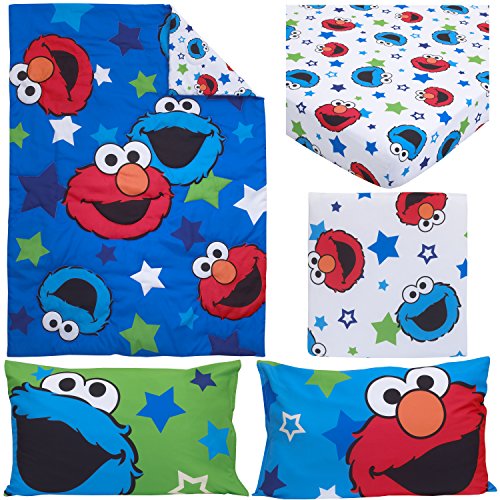 Sesame Street Awesome Buds Elmo/Cookie Monster 4 Piece Toddler Bed Set, Blue/Red/Green, 4 Piece Set