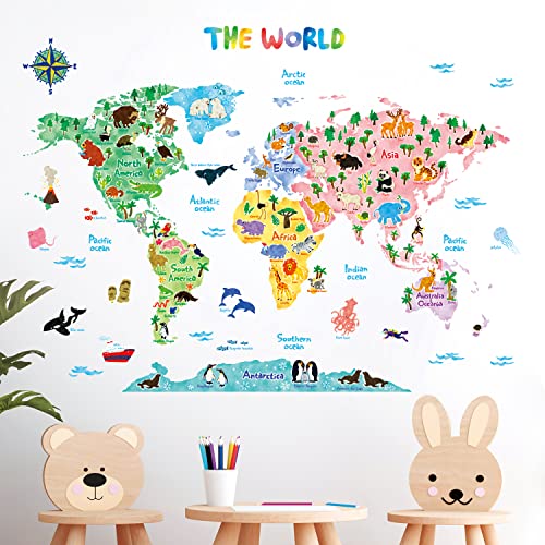 DECOWALL BS-1615S Animal World Map Kids Wall Stickers Wall Decals Peel and Stick Removable Wall Stickers for Kids Nursery Bedroom Living Room (Large) décor