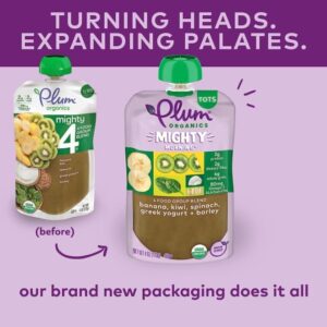 Plum Organics | Mighty Food Group Blend | Organic Baby Food Meals [12+ Months] | Banana, Kiwi, Spinach, Greek Yogurt & Barley | 4 Ounce Pouch (Pack Of 6) Packaging May Vary