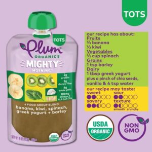 Plum Organics | Mighty Food Group Blend | Organic Baby Food Meals [12+ Months] | Banana, Kiwi, Spinach, Greek Yogurt & Barley | 4 Ounce Pouch (Pack Of 6) Packaging May Vary