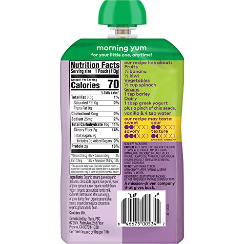 Plum Organics | Mighty Food Group Blend | Organic Baby Food Meals [12+ Months] | Banana, Kiwi, Spinach, Greek Yogurt & Barley | 4 Ounce Pouch (Pack Of 6) Packaging May Vary