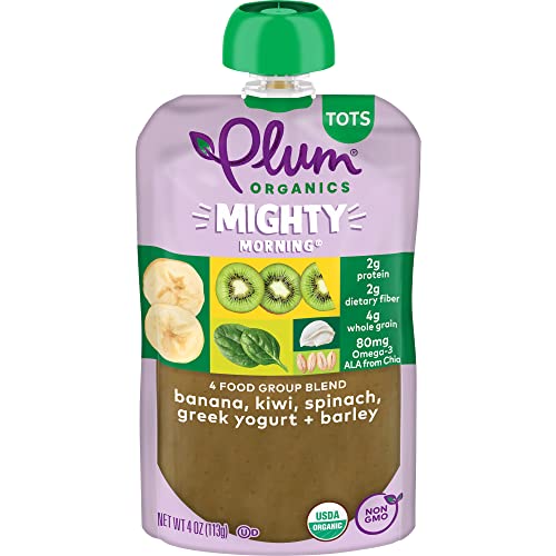 Plum Organics | Mighty Food Group Blend | Organic Baby Food Meals [12+ Months] | Banana, Kiwi, Spinach, Greek Yogurt & Barley | 4 Ounce Pouch (Pack Of 6) Packaging May Vary