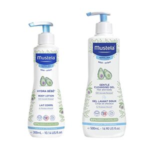 mustela baby bath time gift set - baby skin care essentials with natural avocado - contains hydra bebe body lotion 10.14 fl. oz. & gentle cleansing gel 16.9 fl. oz. - 2 items set