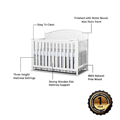 Sorelle Furniture Fairview Crib, Classic 4-in-1 Convertible Crib, Made of Wood, Non-Toxic Finish, Wooden Baby Bed, Toddler Bed, Child’s Daybed and Full-Size Bed, Nursery Furniture -White