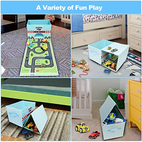 Livememory Toy Car Garage - Toy Car Parking Lot Toy Car Box for Boys with Car Rug Play Mat (Not Included Cars)