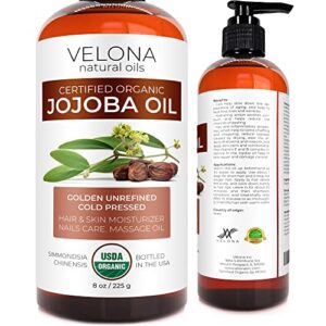 velona organic jojoba oil 8 oz - 100% pure, unrefined cold pressed for face, hair, body, acne prone skin care, stretch marks & cuticles (with pump)