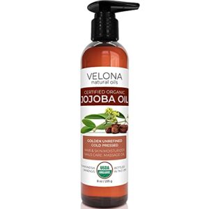 Velona Organic Jojoba Oil 8 oz - 100% Pure, Unrefined Cold Pressed for Face, Hair, Body, Acne Prone Skin Care, Stretch Marks & Cuticles (With Pump)