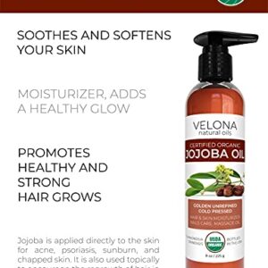 Velona Organic Jojoba Oil 8 oz - 100% Pure, Unrefined Cold Pressed for Face, Hair, Body, Acne Prone Skin Care, Stretch Marks & Cuticles (With Pump)