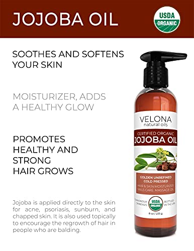 Velona Organic Jojoba Oil 8 oz - 100% Pure, Unrefined Cold Pressed for Face, Hair, Body, Acne Prone Skin Care, Stretch Marks & Cuticles (With Pump)