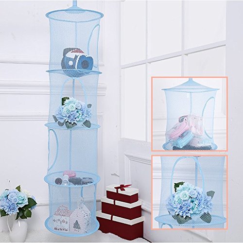 Pomeat Hanging Mesh Space Saver Bags Organizer 4 Compartments, Mesh Hanging Storage Organizer Toy Storage Space Saver Bags for Kid Room, Blue