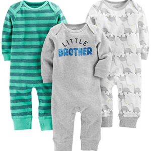 Simple Joys by Carter's Baby Boys' Jumpsuits, Pack of 3, Green Stripe/Grey/Dinosaur, 3-6 Months