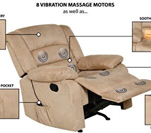 Relaxzen Longstreet Rocker Recliner with Massage, Heat and Dual USB Ports,Microfiber, Beige