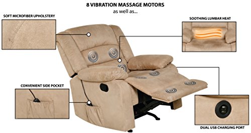 Relaxzen Longstreet Rocker Recliner with Massage, Heat and Dual USB Ports,Microfiber, Beige