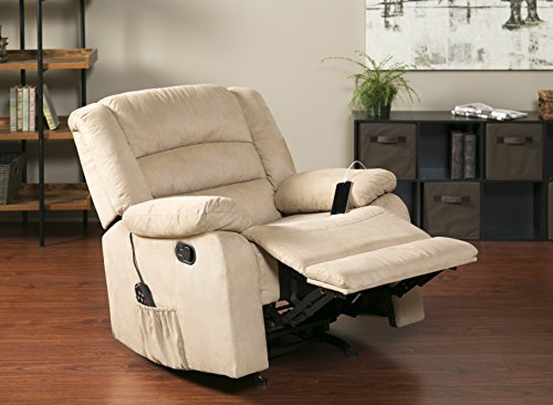 Relaxzen Longstreet Rocker Recliner with Massage, Heat and Dual USB Ports,Microfiber, Beige