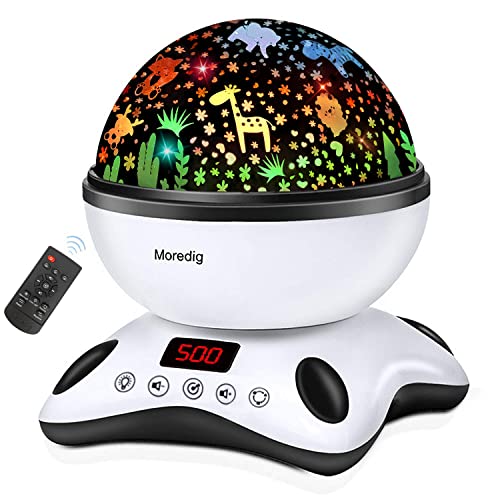 Moredig Kids Night Light Projector, Remote Baby Night Light for Kids Room with 12 Music Rotating Nursery Night Light Projector for Kids, Timer, 2 Projections, 18 Light Modes, Kids Gifts - Black