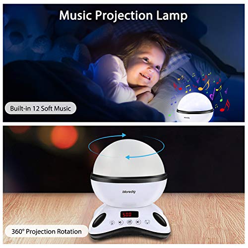 Moredig Kids Night Light Projector, Remote Baby Night Light for Kids Room with 12 Music Rotating Nursery Night Light Projector for Kids, Timer, 2 Projections, 18 Light Modes, Kids Gifts - Black