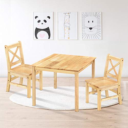 eHemco Solid Hard Wood Kids Table and Chair Set (2 Chairs Included), Natural, 3 Piece Set