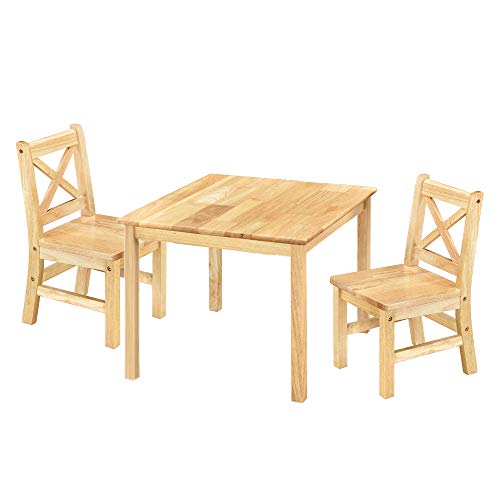 eHemco Solid Hard Wood Kids Table and Chair Set (2 Chairs Included), Natural, 3 Piece Set