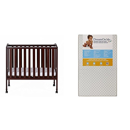 Dream On Me 2 in 1 Portable Folding Stationary Side Crib with Dream On Me 3 Portable Crib Mattress, White