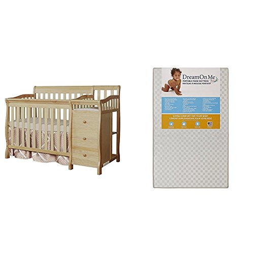 Dream On Me Jayden 4 in 1 Convertible Portable Crib w/ Changer with Dream On Me 3 Portable Crib Mattress, White